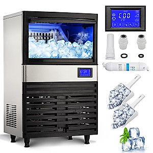 Pioneerworks Commercial Ice Maker Machine 110lbs/24H, Under Counter Ice Machine Self Cleaning with 27lbs Storage, LCD Panel and Blue Light, Stainless Steel Ice Maker for Restaurant/Home/Bars/Coffee