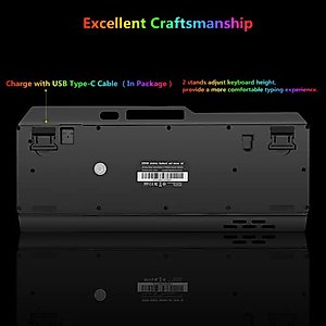 Wireless RGB Backlit Gaming Keyboard and Mouse, Rechargeable, Long Battery Life, Metal Panel Mechanical Feel Keyboard with Palm Rest, 7 Color Mouse and Mouse Pad for Game and Work