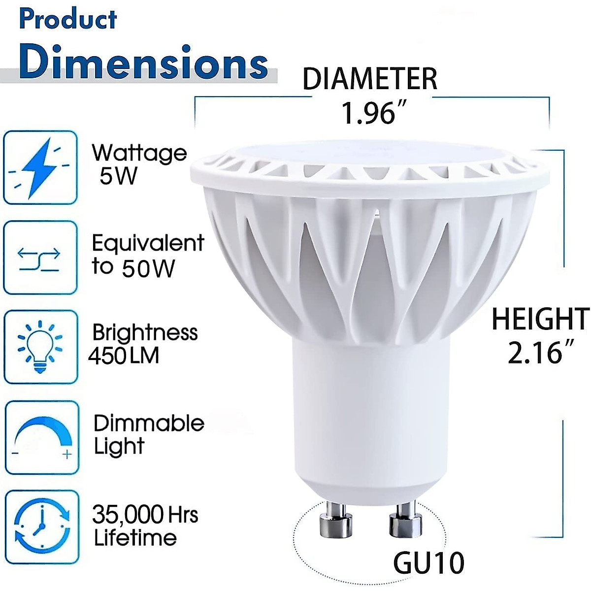 GOHDLAMP Dimmable GU10 LED Bulbs - 50W Equivalent Recessed Track Lighting - 5W 5000K Daylight White - 450LM 38° Beam Spot Light Bulbs - Ideal for Kitchen, Living Room, Bedroom - Pack of 6.