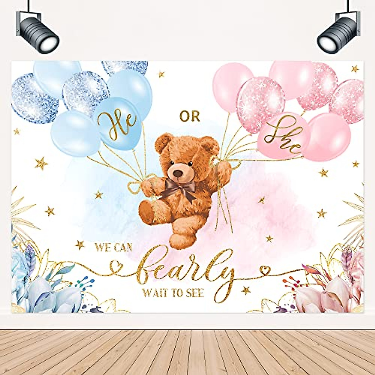 LIGHTINHOME Bear Gender Reveal Backdrop 7Wx5H Feet He or She Pink or Blue Boho Floral We Can Bearly Wait Baby Shower Photography Background Mom-to- be Party Decorations Photo Booth Studio Prop Fabric
