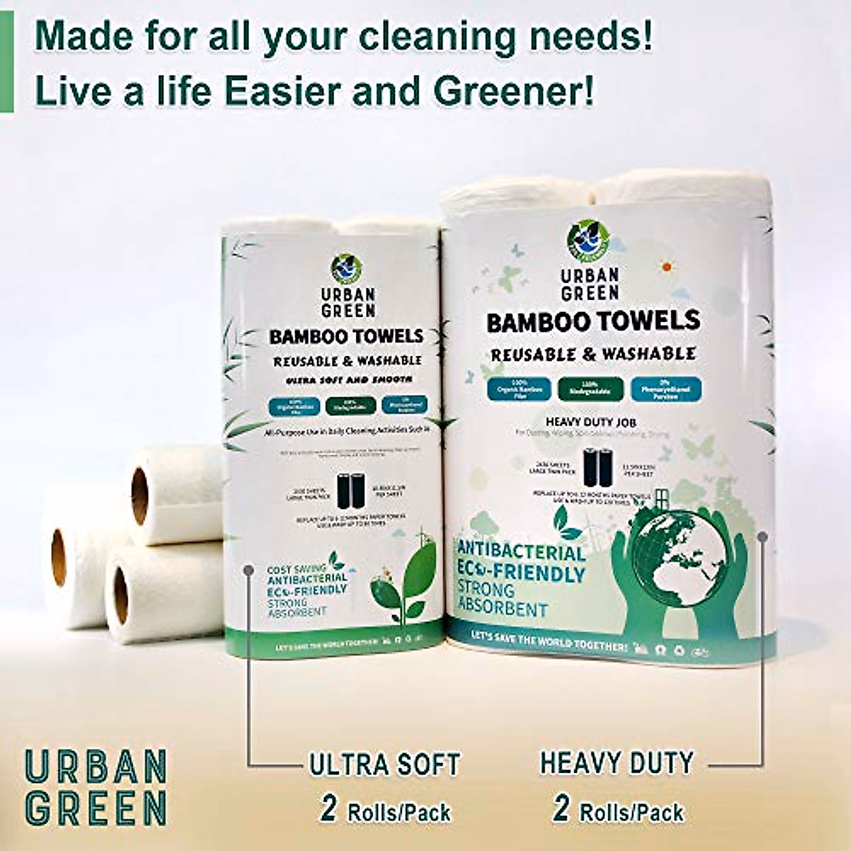 Reusable Bamboo Towels by Urban Green, Large size 2 rolls 60 sheets (Heavy Duty)