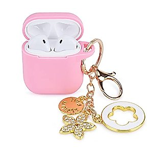 Pink Case Cover with Keychain for AirPods,Soft Silicone Protective Earphone Case Cover Compatible with Apple AirPods 1&2, AirPods 1st/2rd Generation Case with Cute Bling Keychain (Pink)