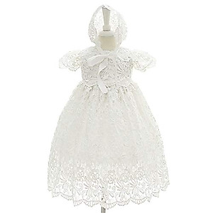 Bow Dream Baby Girls 4Pcs Gown and Bonnet Christening Baptism Dress Lace Baby Dress with Shoes White 3-6 Months