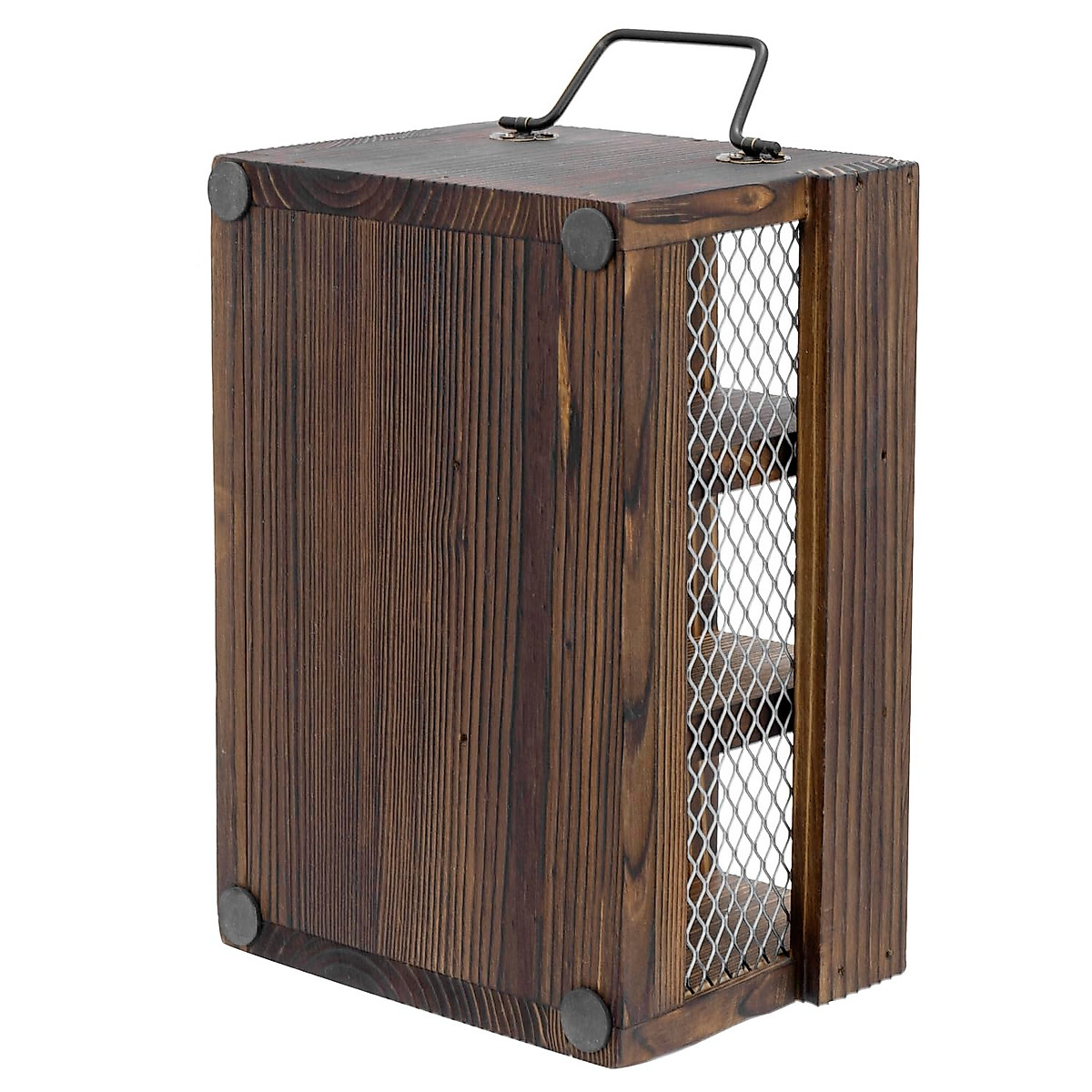 MyGift Rustic Brown Wood Utensil Holder and Napkin Rack with Black Metal Carry Handles and Chicken Wire Front Panel, Dining Flatware Cutlery Storage Caddy