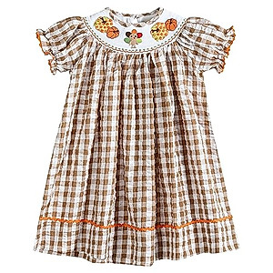 Lil cactus Light Brown Gingham Pumpkin Turkey Smocked Bishop Dress, Brown Turkey, 3-6 Months