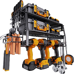 Kayfia Power Tool Organizer Wall Mounted 3 Layer Garage Organization Floating Cordless Drill Holder Heavy Duty Tool Organizers and Storage with Screwdriver/Plier/Hammer/Bit Holder Father's Day Gifts