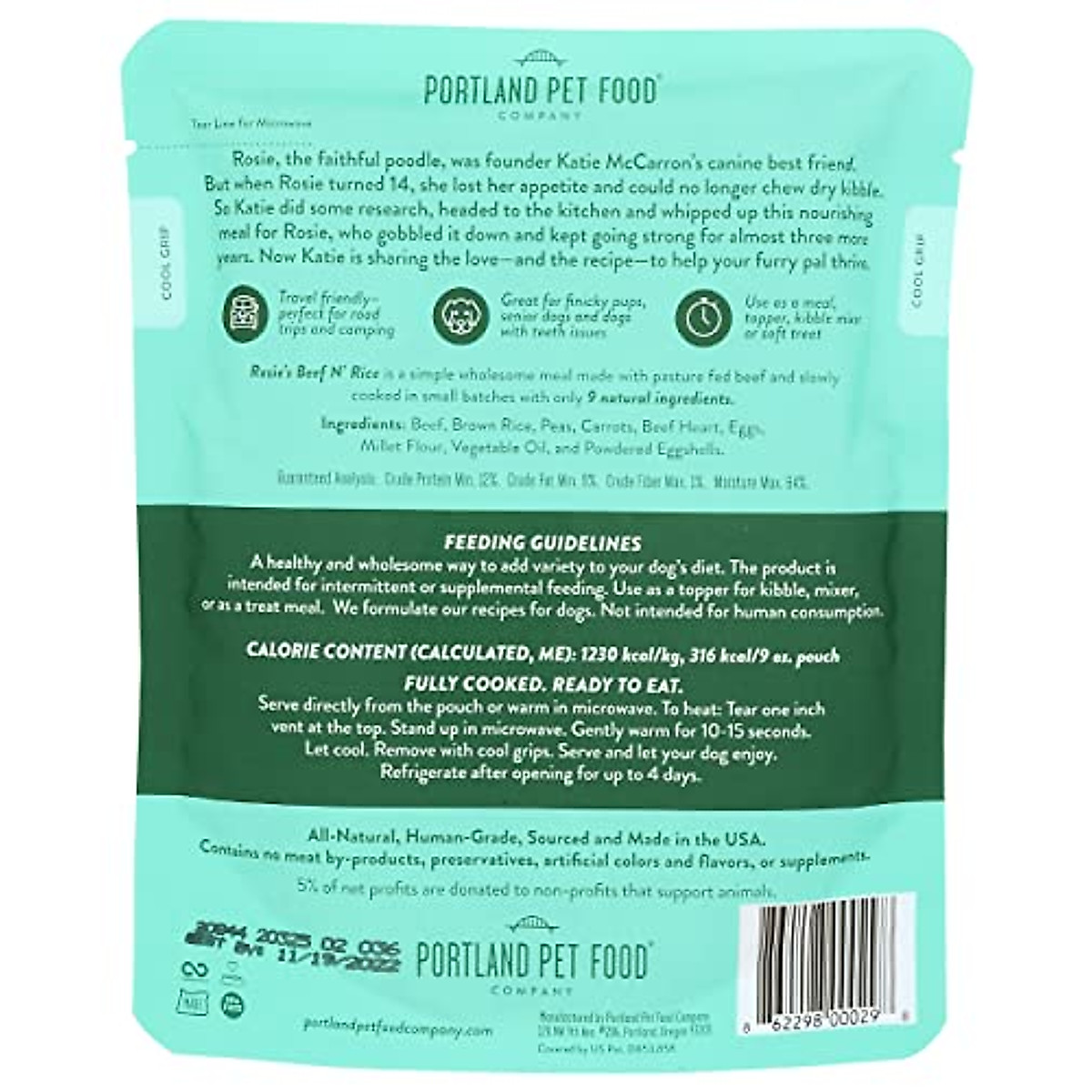 Portland Pet Food Company Rosie'S Beef N' Rice All Natural Dog Meal In A Pouch Microwaveable Meal Pouches Healthy, Wholesome Usda Ingredients Fully Cooked (6 Pack)