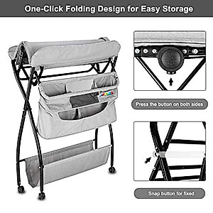 JOYMOR Portable Diaper Changing Station,Folding Baby Changing Table for Infant, Moblie Diaper Changing Table with Wheels, Large Storage Basket ＆ Shelf Portable Nursery Organizer (Grey)