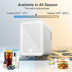 Easy-Take Skincare Fridge - Mini Fridge with Dimmable LED Mirror (4 Liter/6 Can), Cooler and Warmer, for Refrigerating Makeup, Skincare and Food, Mini Fridge for Bedroom, Office and Car, White