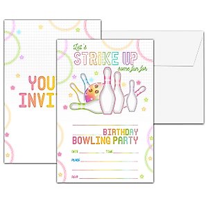 Chuxvon Bowling Birthday Party Invitations, Strike Up Birthday Invitation, Double-Sided Neon Glow Themed Fill In Invites, Kids Glow Bowling Birthday Party Decorations, 20 Cards With 20 Envelopes(C07)