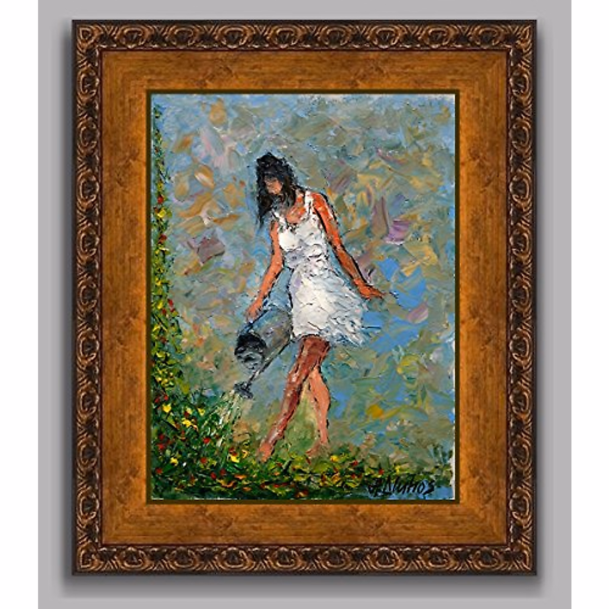 (SOLD) Finally Summer - girl watering her flowers by internationally renown painter Andre Dluhos