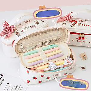 Cute Strawberry Printed Large Capacity Pencil Case Japanese Corduroy Pen Holder Kawaii Stationery Pouch Makeup Cosmetics Bag for Back to Scool Students (Heart)