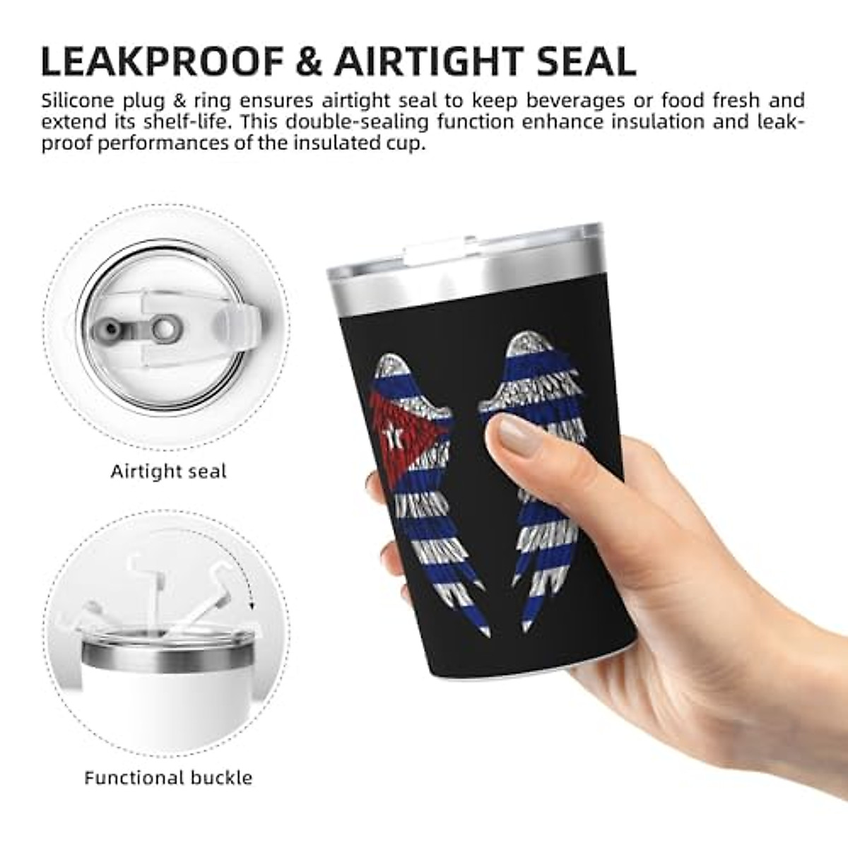 12oz Tumbler Wings Cuba Flag Stainless Steel Cup With Straw And Lid Spill Proof Bulk Double Wall Vacuum Reusable Water Tumblers For Cold Hot Drink