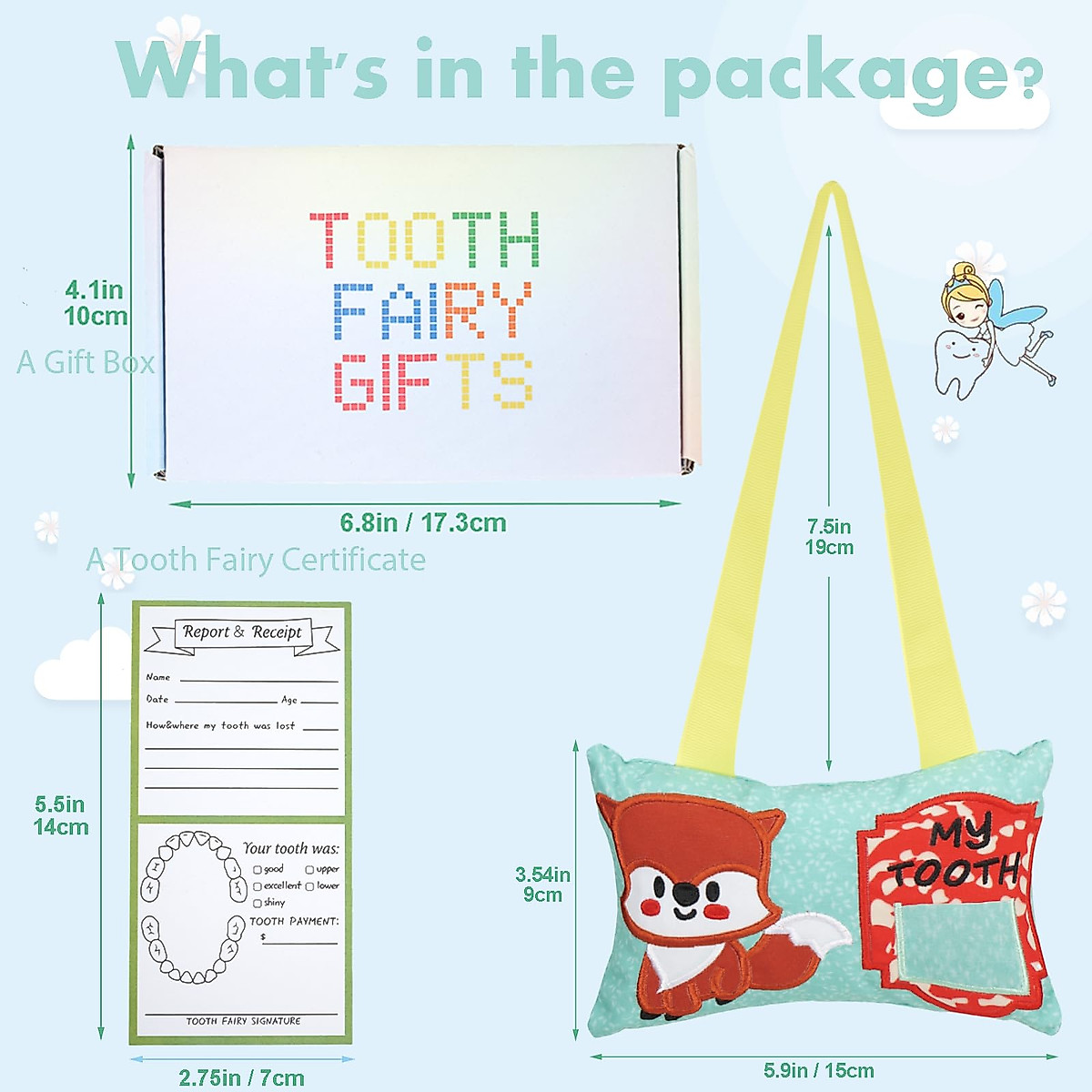 LAPEQQIOJEJ Tooth Fairy Pillow for Girls and Boys|Tooth Fairy Gifts|Tooth Fairy Tooth Holder|Tooth Fairy kit with Receipts