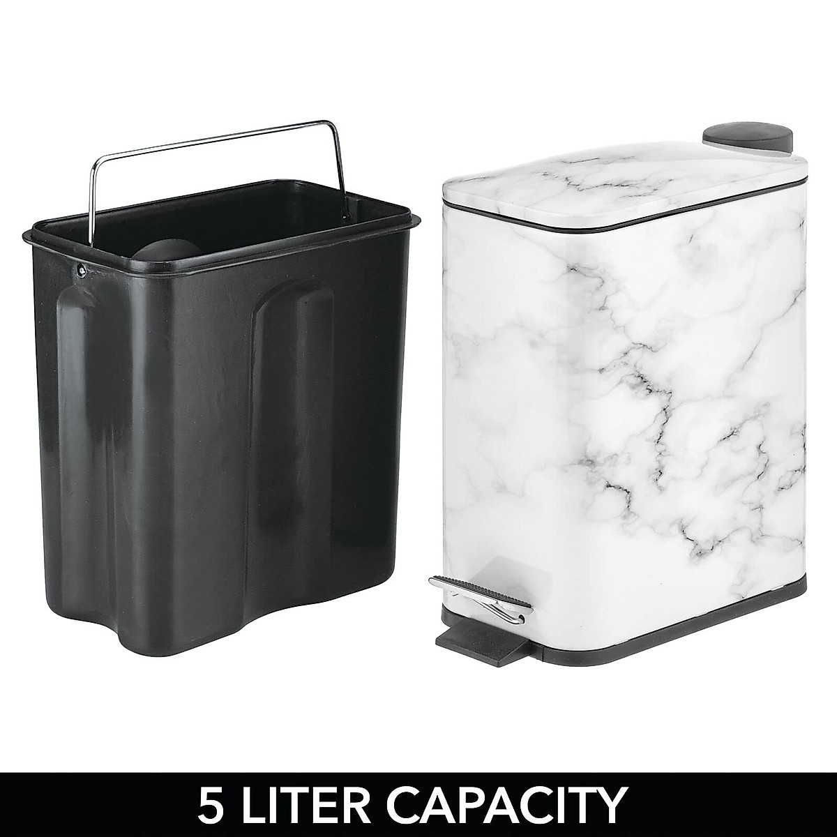 mDesign Slim Metal Rectangle 1.3 Gallon/5 Liter Trash Can with Step Pedal, Easy-Close Lid, Removable Liner - Narrow Wastebasket Garbage Container Bin for Bathroom, Bedroom, Kitchen - White Marble