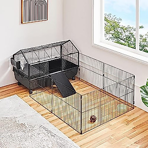 Yaheetech 39'' Rabbit Cage Rolling Small Animal Cage with Playpen/Ramps/Water Bottle/Hay Feeder/Bowl for Guinea Pigs, Chinchillas, Hedgehogs, Tortoises, Pet Cage for Rabbit Indoor, Black