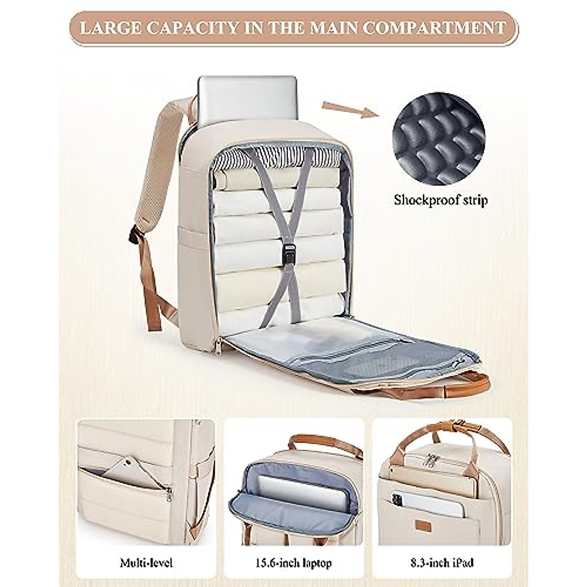 UPPACK Travel Laptop backpack for Women Work Bag Teacher Backpack Large Travel Backpack Women Carry On Backpack Laptop Backpacks for Men Personal Item Backpack for Airlines Outdoor Waterproof Beige