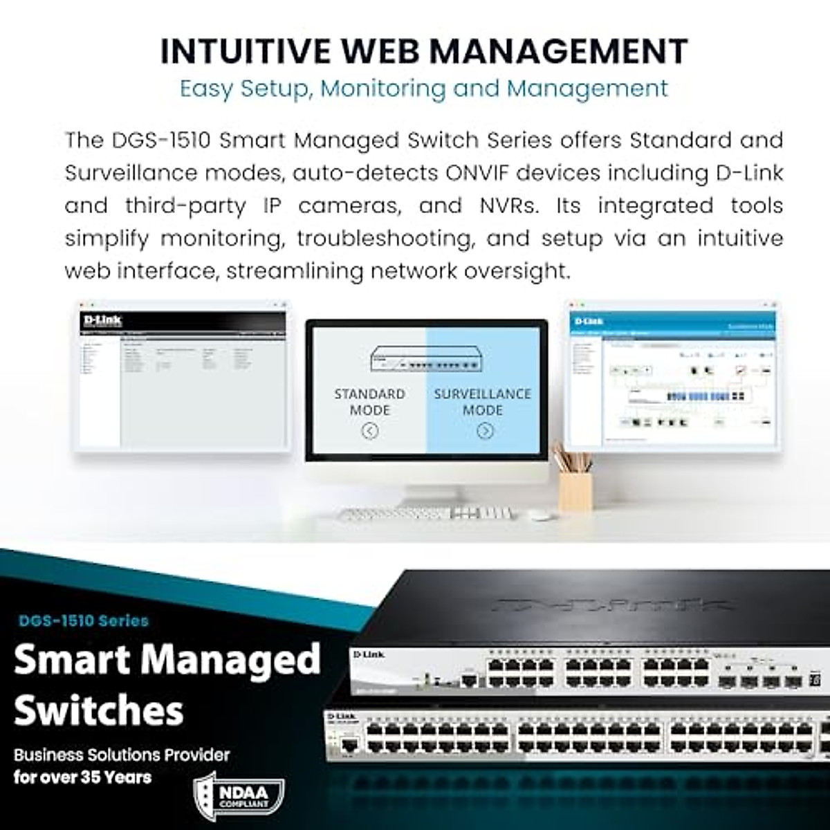 D-Link 52-Port Gigabit Stackable Smart Managed Switch with 10G Uplinks | 48 Gigabit Ports + 4 10GbE SFP+ Ports| L2+/L3 Lite |VLANs |Web Managed |Surveillance Mode |NDAA Compliant (DGS-1510-52X)