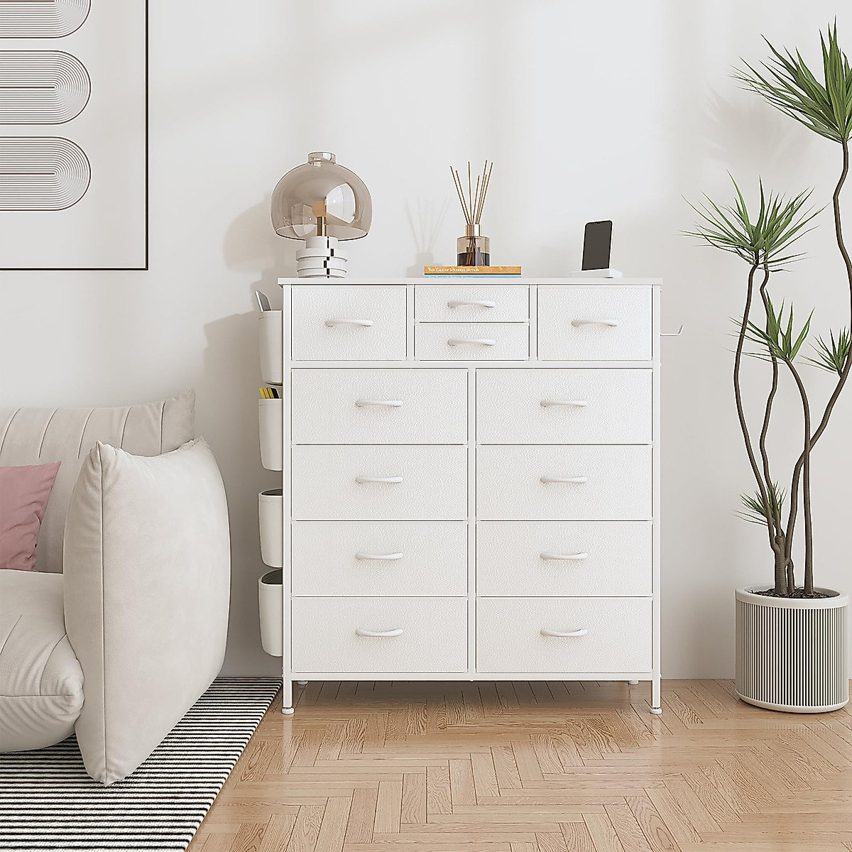 Lulive Dresser for Bedroom with 12 Drawers, Tall Dresser Chest of Drawers with Side Pockets and Hooks, Fabric Dresser Storage Tower for Closet, Hallway, Living Room (White)