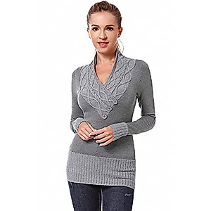 AmélieBoutik Women Crossover Cable Knit V Neck Long Sleeve Pullover Sweater (Gray Large)