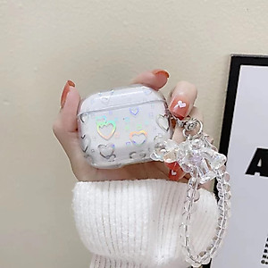 Clear Holographic Heart Case Compatible for Airpods Pro 2nd,Love Heart Laser Pattern Aesthetic Glitter AirPods Protective Cases with Cute Bear Transparent Bead Bracelet Keychain