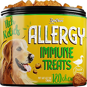 ZooChews Allergy Support Treats - Dog Allergy Relief Chews with Omega 3 Colostrum, Biotin - Supports Skin and Coat for Dogs and Seasonal Allergies - Dog Vitamins for Immune Support (Duck, 180 Chews)