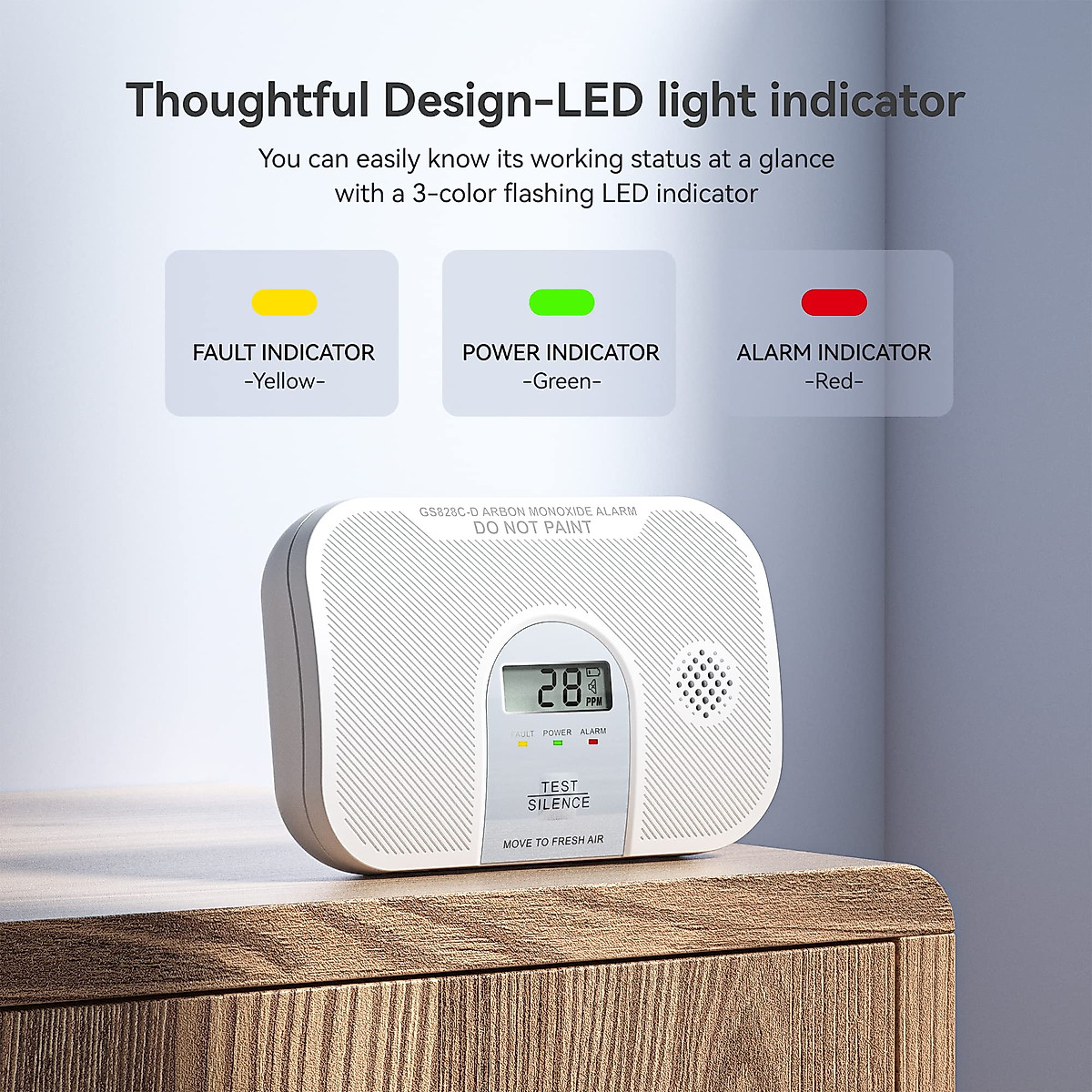 Siterlink Carbon Monoxide Detector, 10-Year Life Carbon Monoxide Alarm, Replaceable Battery CO Detector with LCD Digital Display and Test Button, 3 LED Lights CO Alarm for Home, GS828C-D, 1 Pack