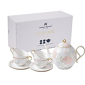 Taimei Teatime Porcelain Tea Set, European Teapot Set with 1 Teapot with Infuser (37 oz), 4 Tea Cups and Saucers, Tea Set for Woman with Lily Floral Pattern, Tea Gift Set For Tea Lover and Woman