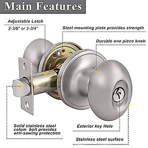Probrico Keyed Entry Door Knobs with Lock & Keys Oval Egg Door Handles Brushed Nickel Finish Exterior Front Door Lockset Stainless Steel Fir for Entrance Door 1 Pack