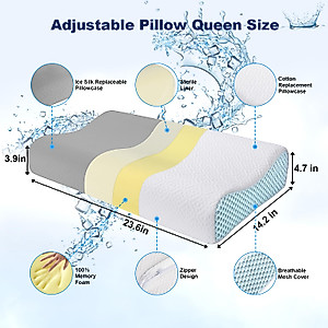 Neck Pillow Memory Foam, Neck/Shoulder Pain Relief, with Replacement Pillowcase【Cooling Ice Silk&Cotton】 Cervical Sleeping Pillow Neck Contour Support Bed Pillow for Side Back Stomach Sleeper