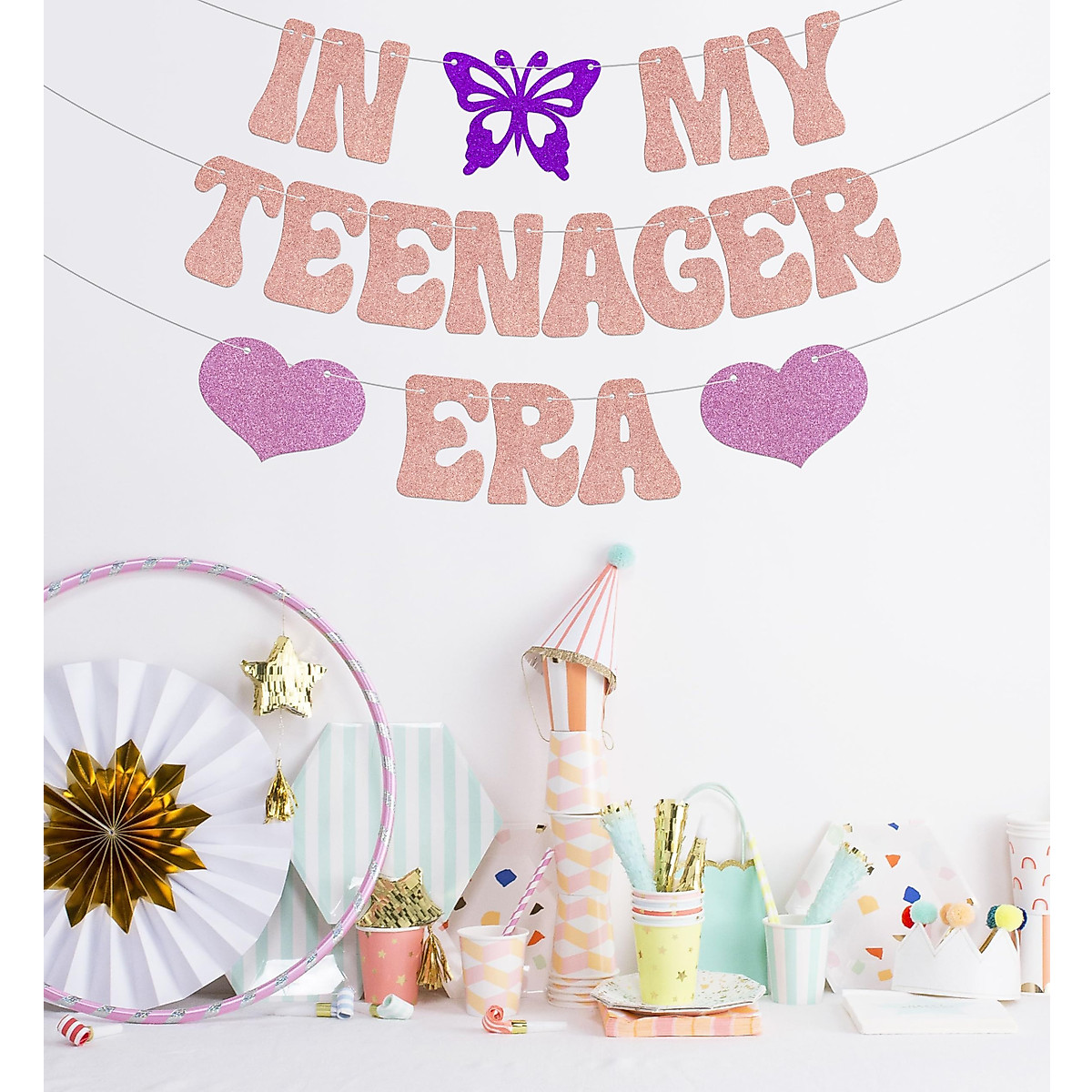 in My Teenager Era Banner,OMG UR a Teenager 13th Birthday Party Decorations,Butterfly Theme Girls 13th Birthday Party Decor,Happy 13th Birthday Anniversary Party Supplies Rose Gold Purple Red