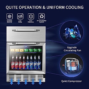 Karcassin 24 Inch Indoor Under Counter Drawer Fridge，Stainless Steel 2 in 1 Beverage Refrigerator Built-in and Freestanding with Digital Display for Home and Commercial Use