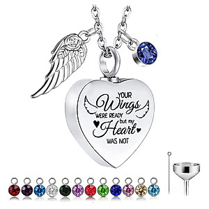 Heart Urn Necklace for Ashes with 12 Birthstones, Cremation Ashes Jewelry Keepsake with Angel Wing - Your Wings were Ready, But My Heart was Not (Your Wings were Ready)