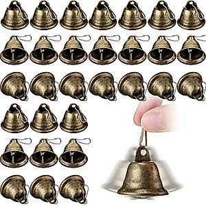 30 Pieces Craft Bells Small Brass Bells for Crafts Vintage Bells with Spring Hooks for Hanging Wind Chimes Making Dog Training Doorbell Christmas Tree Wedding Decor, 1.65 x 1.5 Inch (Bronze)