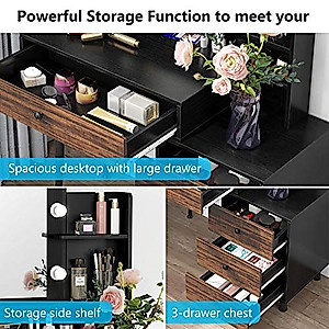 Tribesigns Vintage Vanity Table with Lighted Mirror, Vintage Makeup Dressing Table with Large Drawer and 3-Drawer Chest, Dresser Table for Women (Brown, Stool NOT Included) (Brown/Black)
