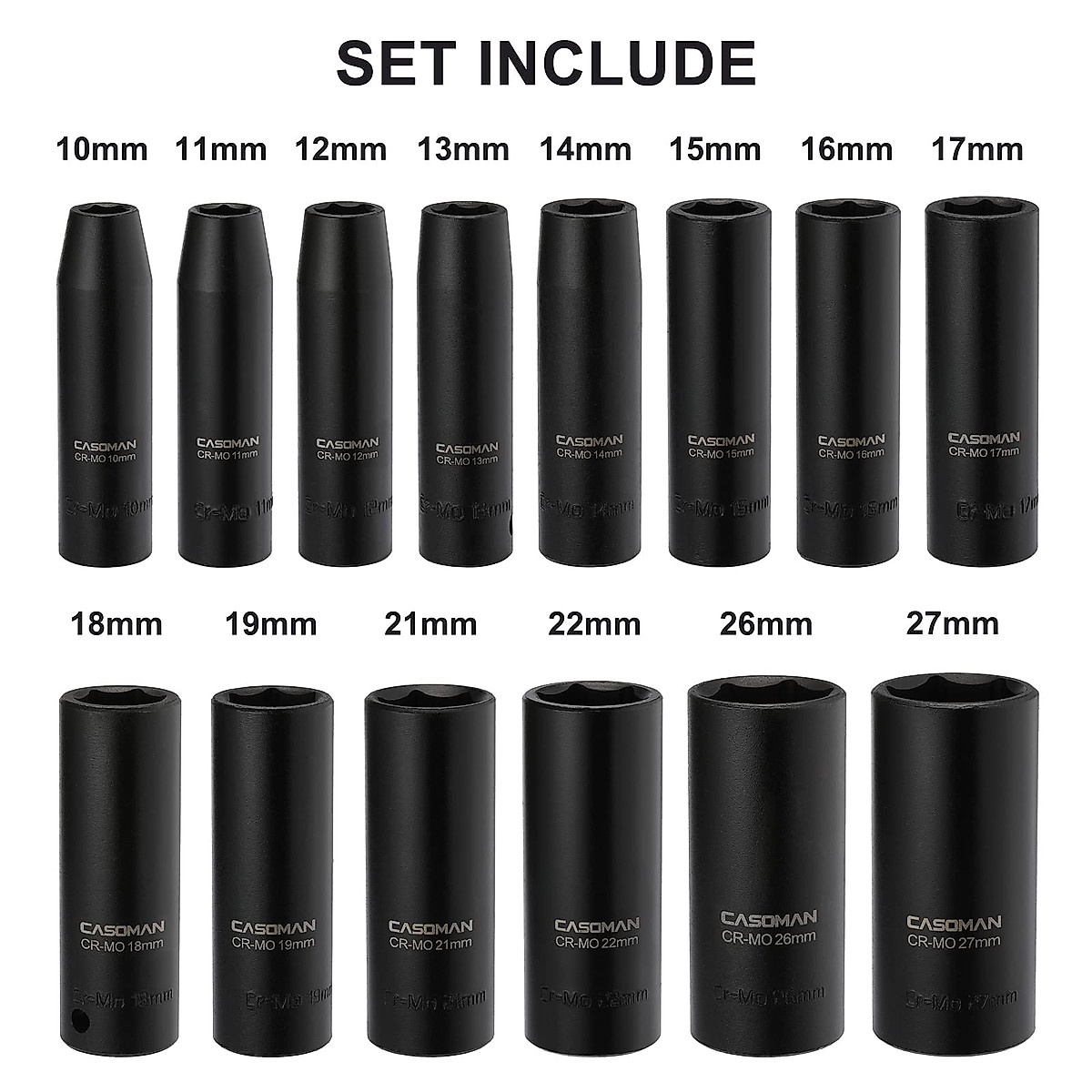 CASOMAN 1/2-Inch Drive Deep Impact Socket Set, 14 Pieces Set, 10mm-27mm, CR-MO, Metric, Heavy Duty Storage Case