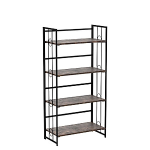 4NM No-Assembly 4 Tiers Folding Bookshelf Storage Shelves Vintage Bookcase Standing Racks Study Organizer Home Office - Rustic Brown and Black