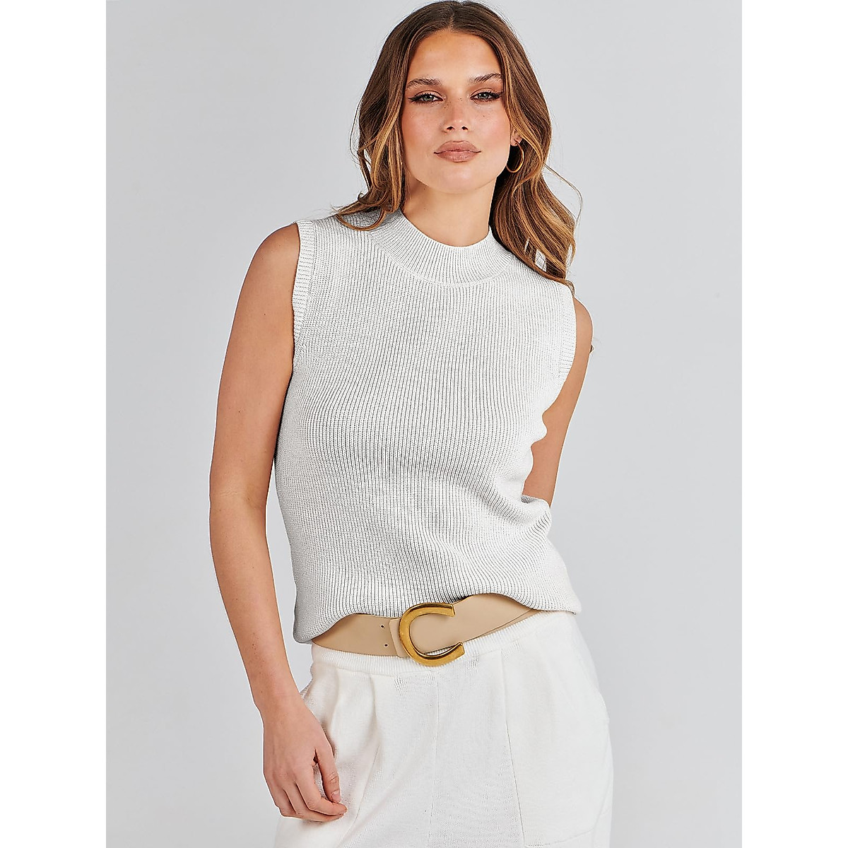 ANRABESS Womens Summer Sleeveless Tops Casual Mock Neck Loose Fit Knit Lightweight Sweater Pullover Top White-XL