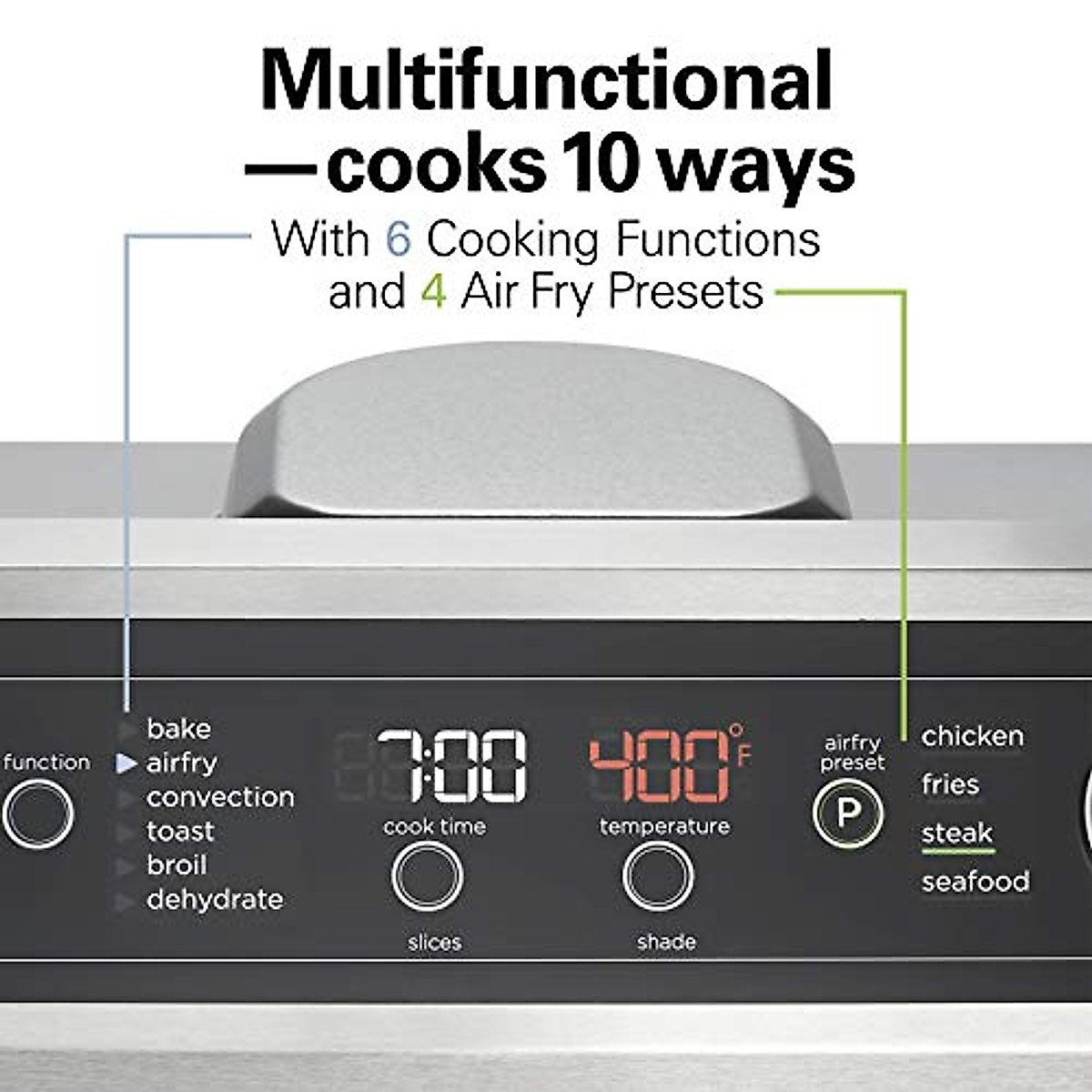 Hamilton Beach Air Fryer Countertop Toaster Oven, Includes Bake, Broil, and Toast, Fits 12” Pizza, 1800 Watts, 10 Cooking Modes + Digital Controls, Black & Stainless Steel