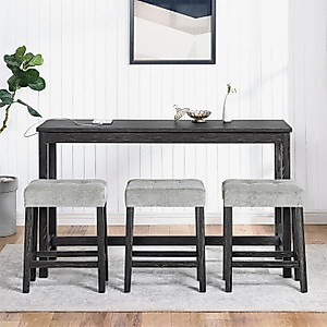 YWUFUART 60'' Industrial Black Solid Wood Bar Table Set with Power Outlet and 3 Grey Chairs for Living Room Dining Room Game Room