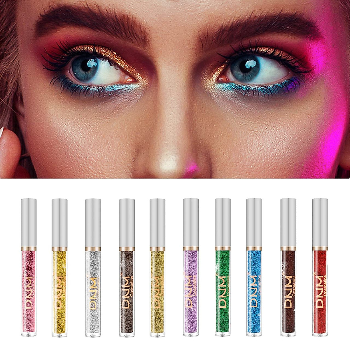 VOLLUCK 10 Colors Glitter Eyeliner liquid, Metallic Shimmer Glitter Eyeshadow, Long Lasting Waterproof Sparkling Eyeliner Eye Shadow Set for Party Festival Makeup