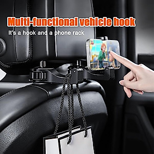 DWARFOO 2 Pack Car Headrest Hook with Phone Holder, 2 in 1 Car Vehicle Back Seat Headrest Mobile Phone Holder Hanger Holder Hook for Bag Purse Cloth Grocery (Blue)