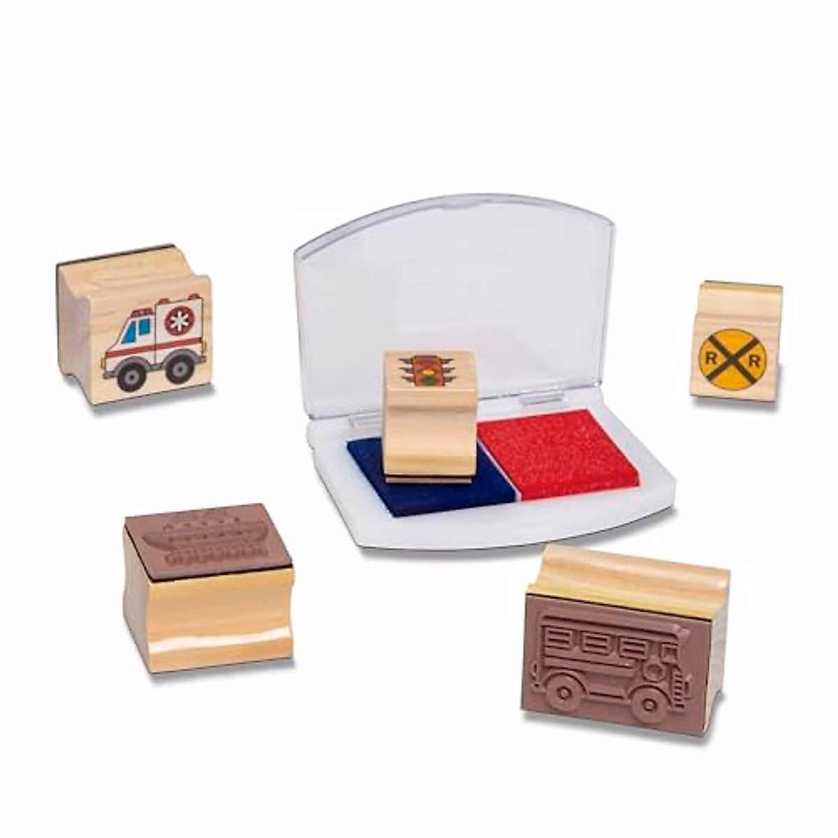 Melissa & Doug Deluxe Wooden Stamp and Coloring Set – Vehicles (30 Stamps, 6 Markers, 2 Durable 2-Color Stamp Pads)