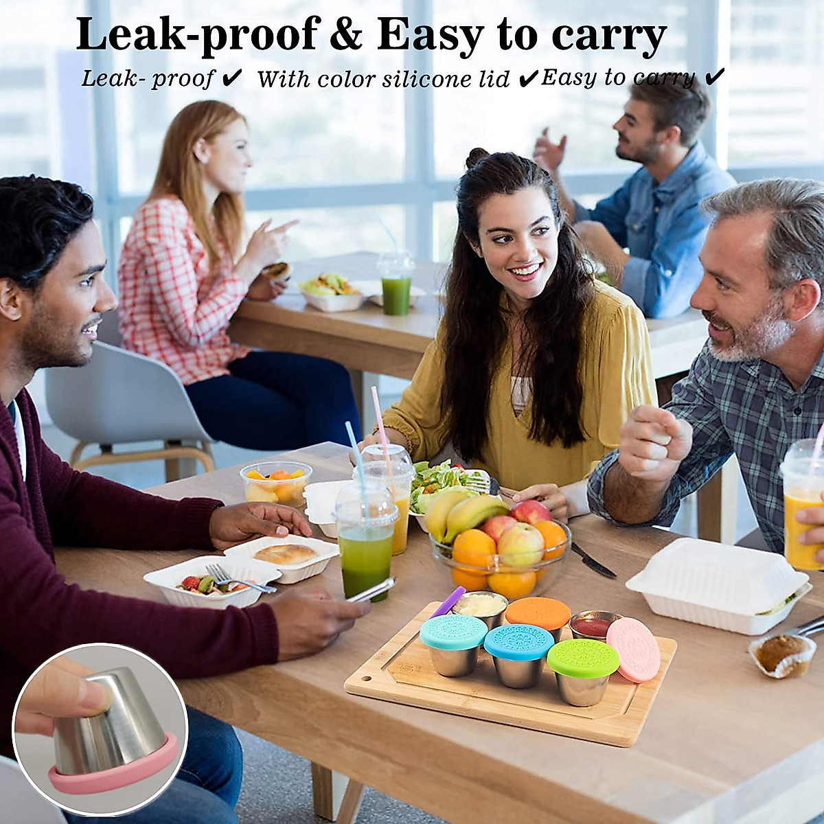 6 Pack Salad Dressing Containers To Go, 1.6 oz/2.5 oz Salad Dressing Dispenser with Lids Stainless Steel Condiment Cup Dipping Sauce Cups for Lunch Bento Box Leakproof Silicone Lids (1.6 OZ)