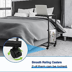C Shaped End Table Height Adjustable Side Table for Couch Small Snack Table with Wheels Sofa Table with Storage for Living Room Bedroom Bedside Metal Frame, Black