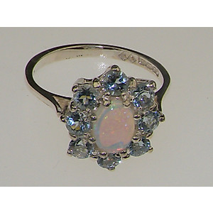LetsBuyGold 925 Sterling Silver Real Genuine Opal and Aquamarine Womens Cluster Engagement Ring - Size 6