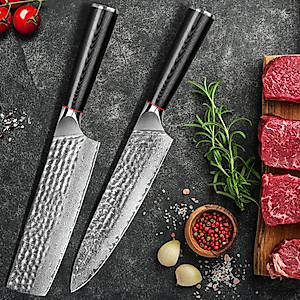 Home Safety Damascus Steel Chef Nakiri Knife 2Pcs Professional Cooking Knife Set – Razor Sharp Kitchen Chef's Knives with Ergonomic G10 Handle, Water Ripple Blade Non-Stick Cleaver, Gift Box