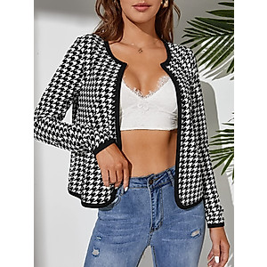 WDIRARA Women's Houndstooth Open Front Long Sleeve Plaid Work Office Elegant Jacket Black and White Tall S