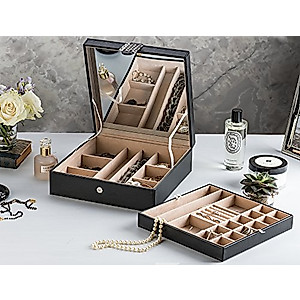 Glenor Co 28 Section Jewelry Box - 2 Layer - Buckle Snap & Magnet Closure - Large Mirror - Leather Design - Black - Jewelry Organizer for Women & Girls - Holder for Earring Ring Necklace & Bracelet