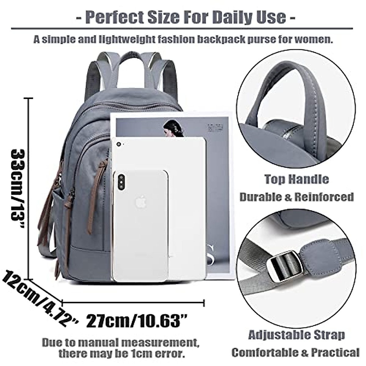 Small Lightweight Backpack Purse for Women Water Resistant Nylon Backpack Anti-theft Travel Bag for Girls, Simple Design (Small, Blue)